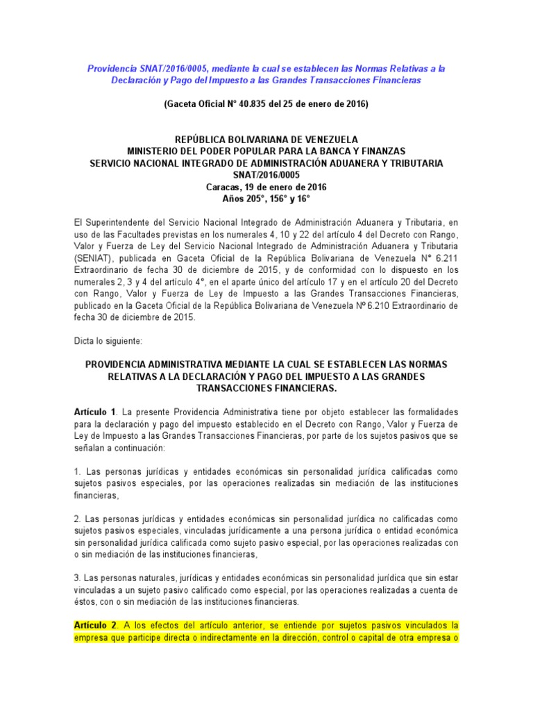 Providencia SNAT 2016-0005 Declaración y Pago Del IGTF | PDF ...