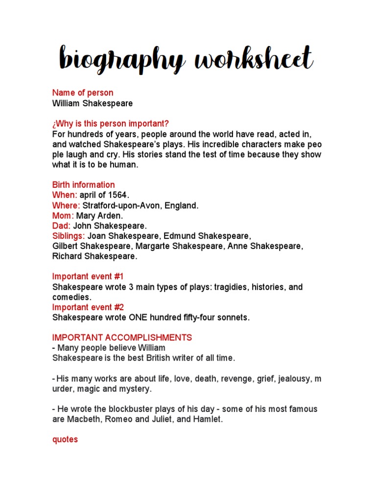 biography worksheet | PDF