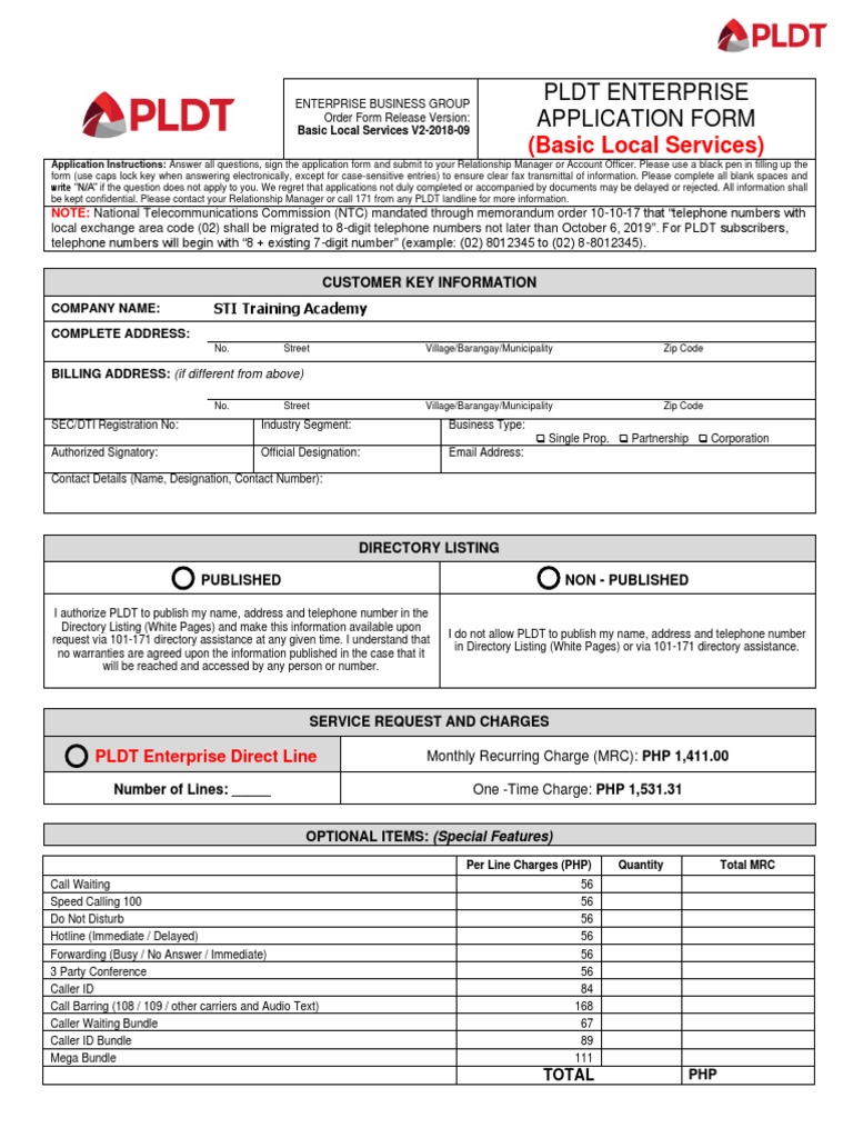 PLDT Enterprise Basic Local Services Order Form.V2 | PDF | Privacy | Information Privacy