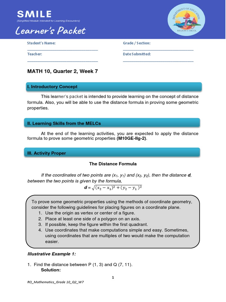 Applying the Distance Formula: A Mathematics Packet on Using Coordinate ...