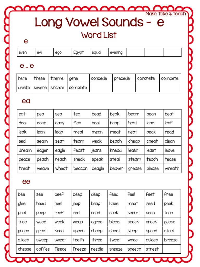 Long E Vowel Sound Word List | PDF | Cooking, Food & Wine