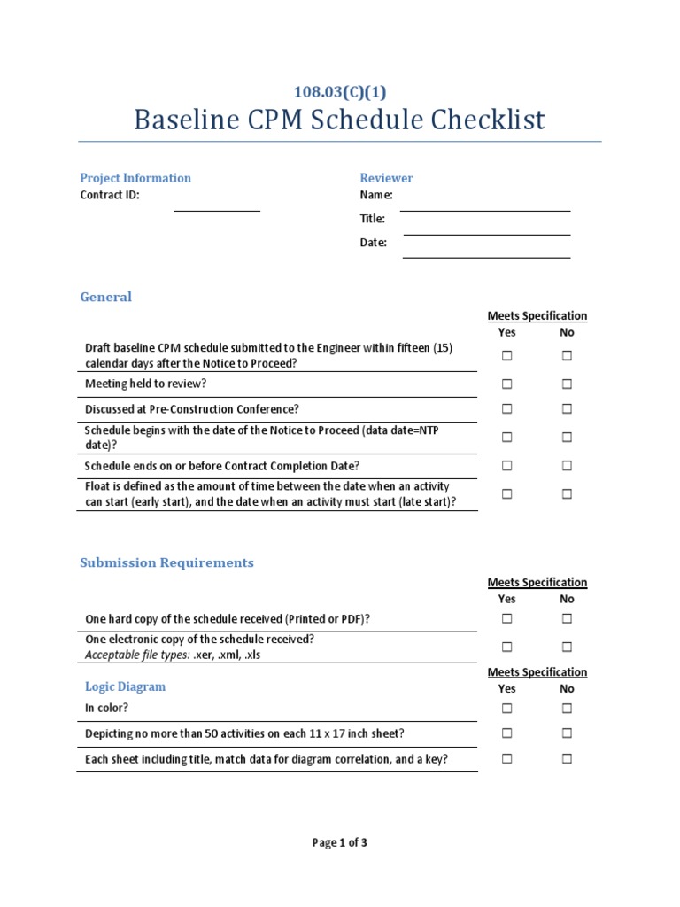 Baseline CPM Schedule Checklist: General | PDF | Computing
