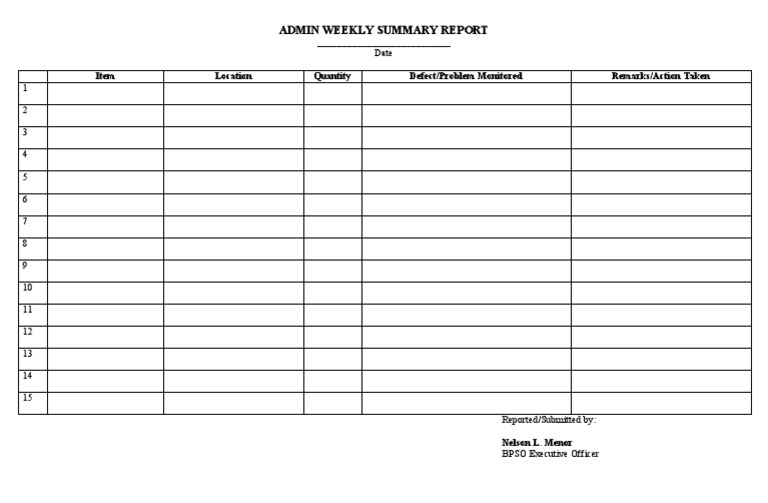 Admin Weekly Summary Report: Item Location Quantity Defect/Problem ...