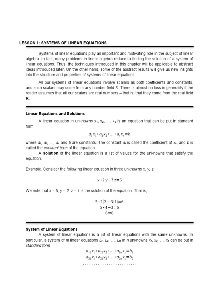 Module 1 Lesson 1 - System of Linear Equations | PDF | Matrix ...