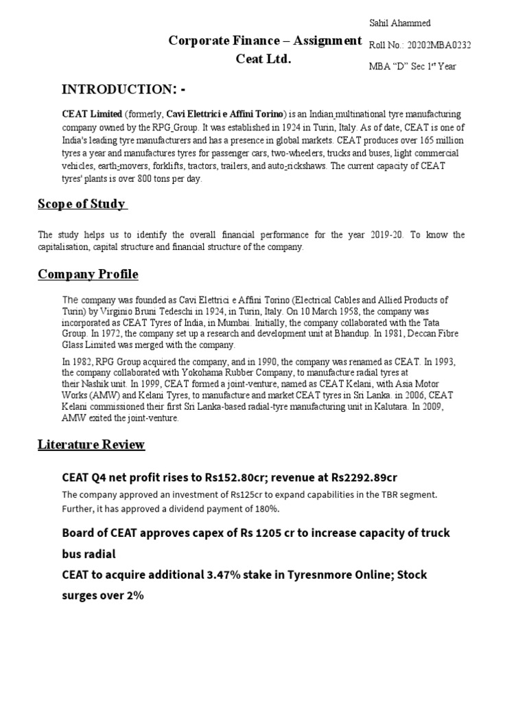 Corporate Finance - Assignment Ceat Ltd. Introduction | PDF | Economies ...