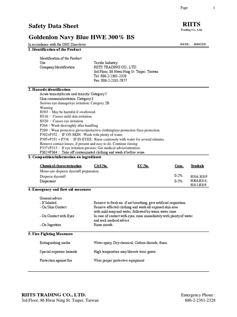 Goldenlon Navy Blue HWE Safety Data | PDF | Toxicity | Personal ...