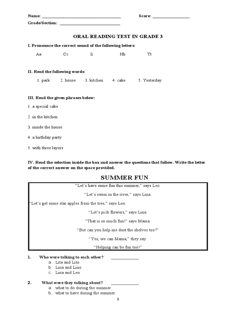 Oral Reading Test in Grade 3: Summer Fun | PDF | Linguistics | Cognition