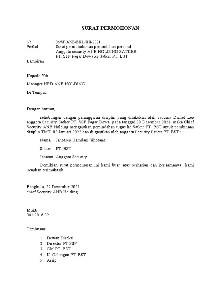 Surat permohonan pemindahan personil | PDF