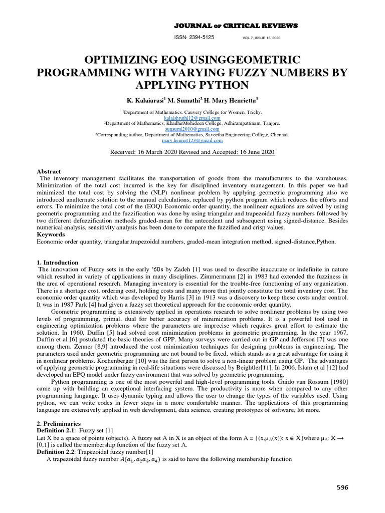 Ms Optimizing Eoq Usinggeometric Programming With Varying Fuzzy Numbers by Applying Python | PDF ...