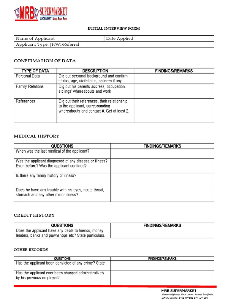 Confirmation of Data: Initial Interview Form | PDF