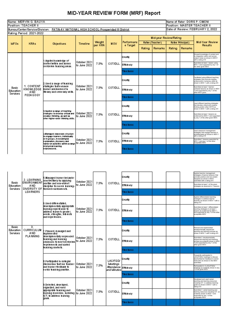 Midyear Performance Review 1 | PDF | Educational Assessment | Learning