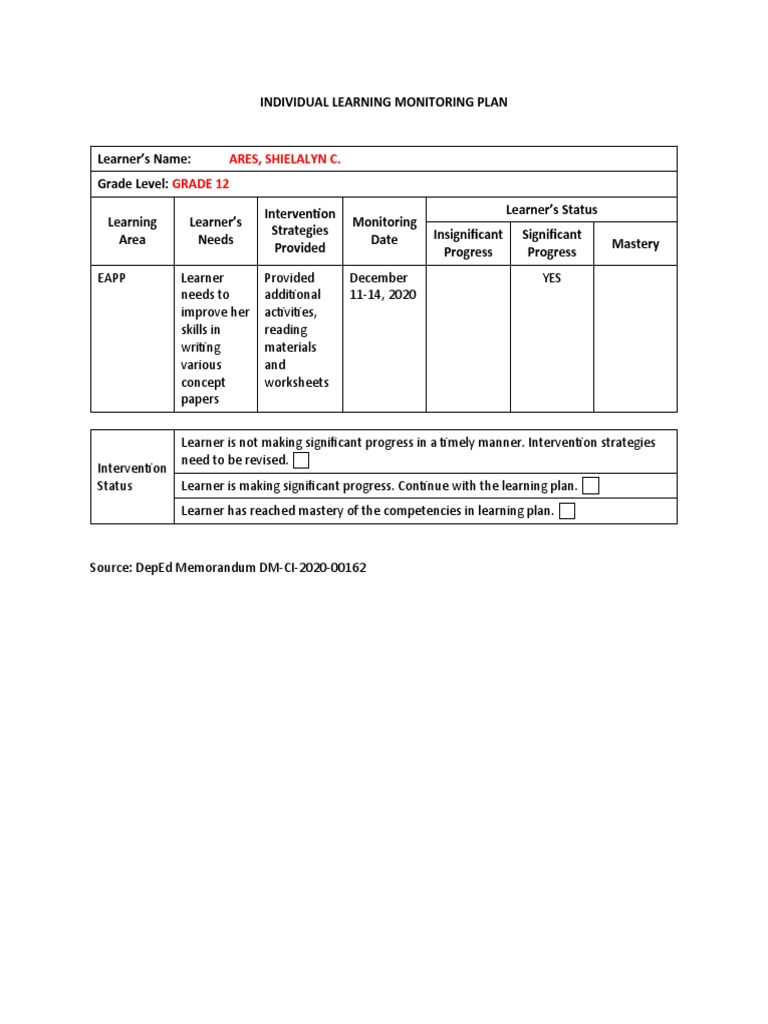 L3A4 - Individual Learning Monitoring Plan Template | Download Free PDF ...