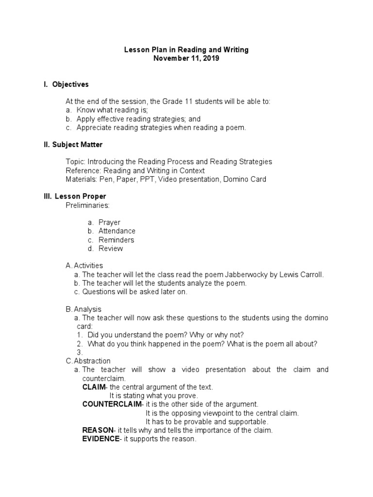 Grade 11 Reading Strategies Lesson | PDF | Lesson Plan | Cognition