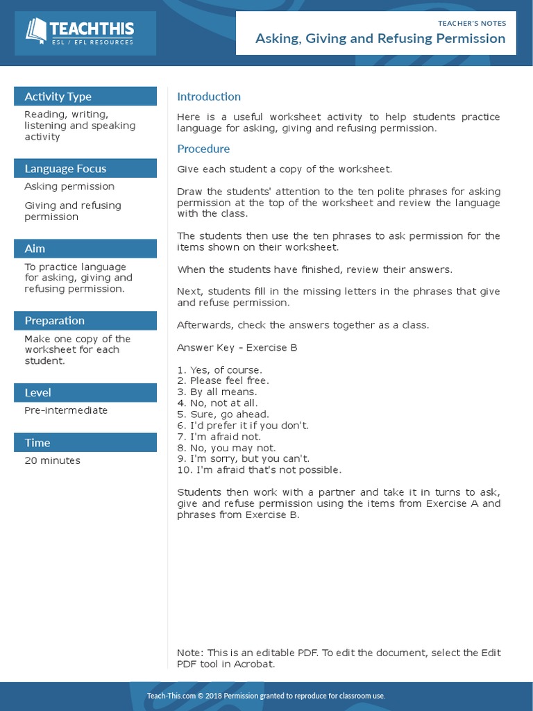 Asking Giving and Refusing Permission | PDF | English As A Second Or ...