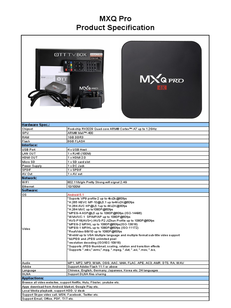 MXQ Pro Product Specification: Hardware Spec. | PDF | Hdmi | Adobe Flash