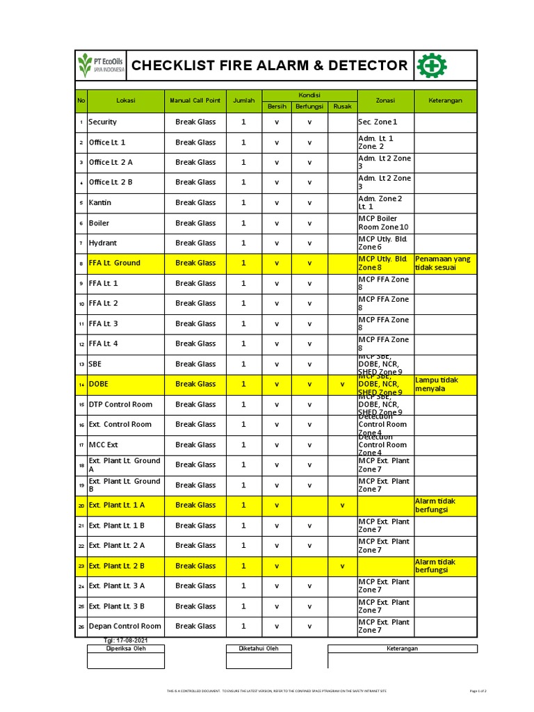 Checklist Fire Alarm & Detector: No Lokasi Manual Call Point Jumlah ...