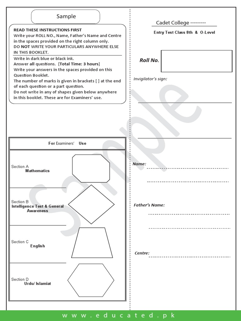 Class 8 Cadet College Entry Test Paper | PDF | Area | Helicopter