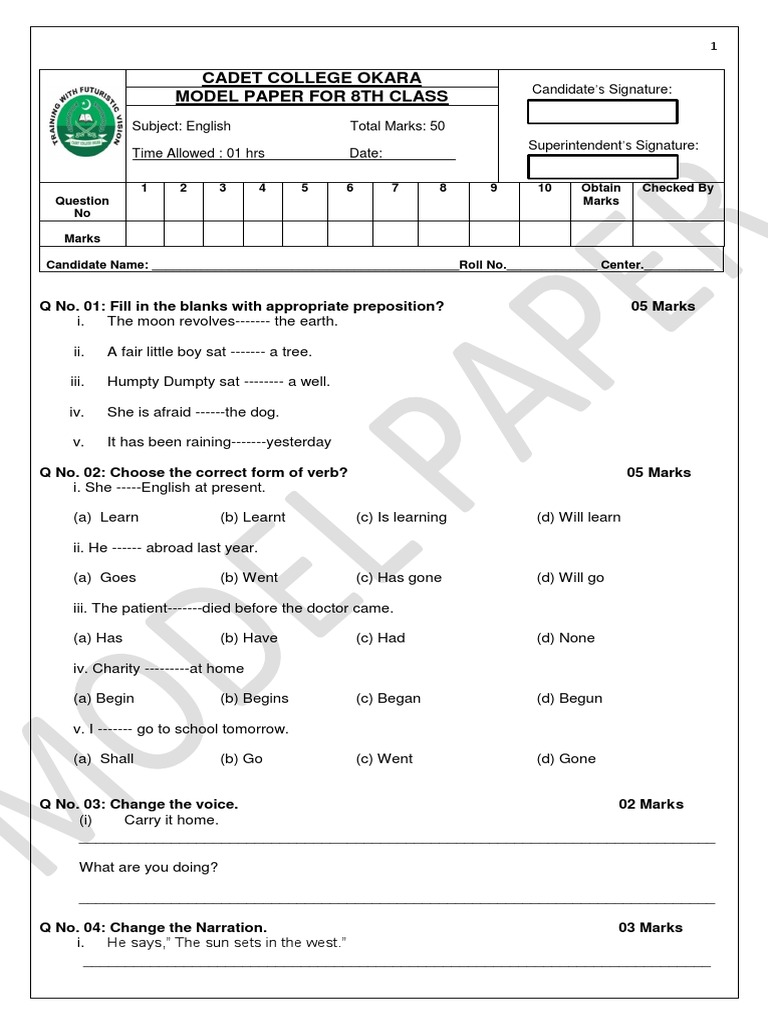 Cadet College Okara Model Paper For 8Th Class: No 1 2 3 4 5 6 7 8 9 10 ...
