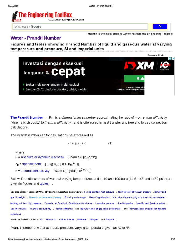 Water - Prandtl Number | PDF | Pressure | Heat