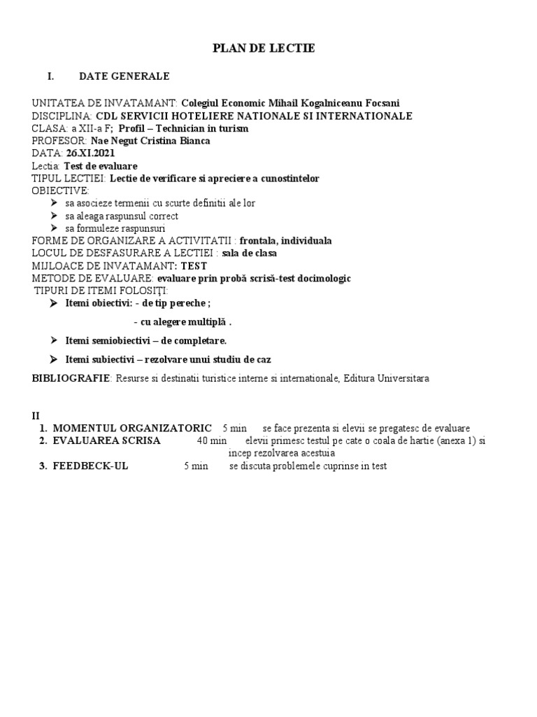 Plan Lectie Pentru Evaluare 26.11.2021 | PDF