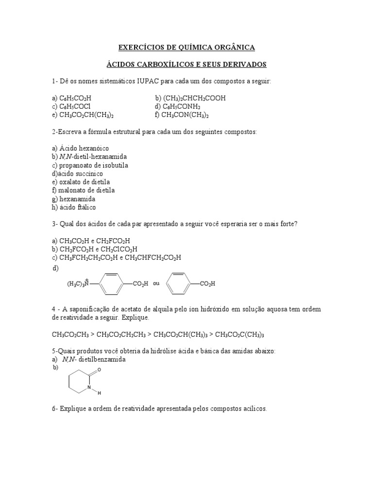 Lista Exerc Cios - Cidos Carbox Licos e Seus Derivados | PDF | Éster ...