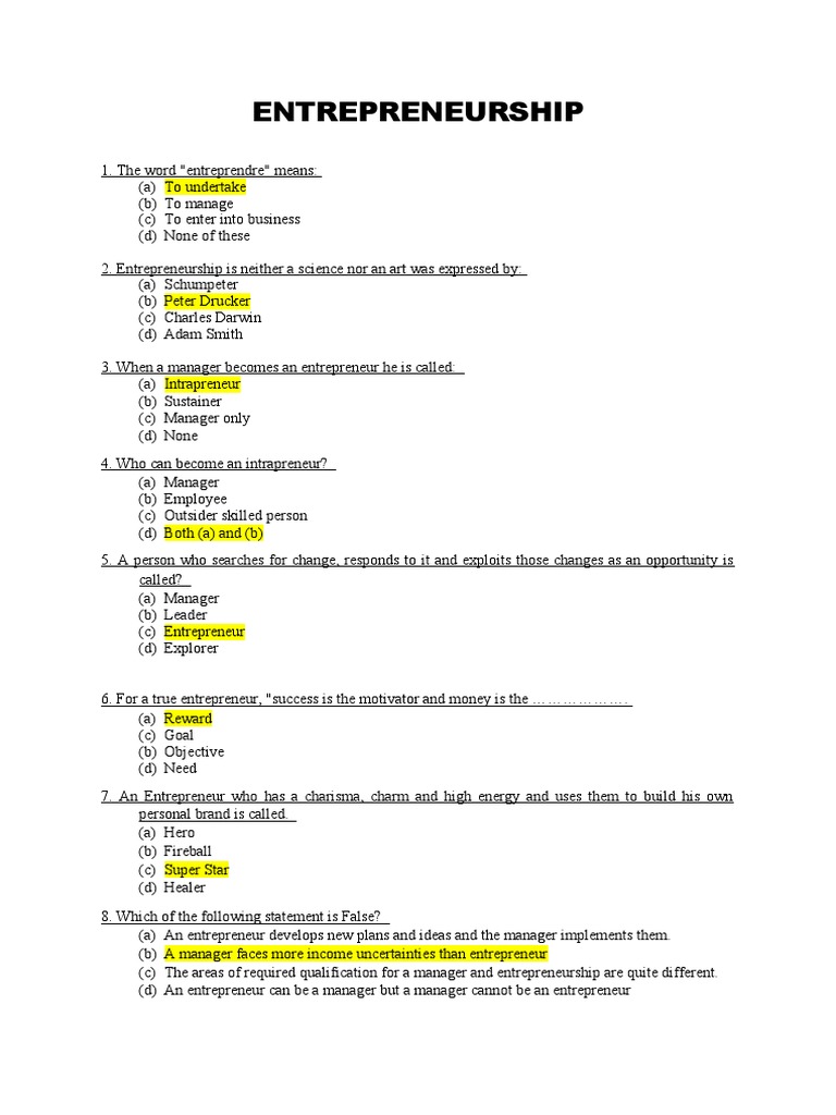 Entrepreneurship Exam Questions & Answers | PDF | Entrepreneurship ...