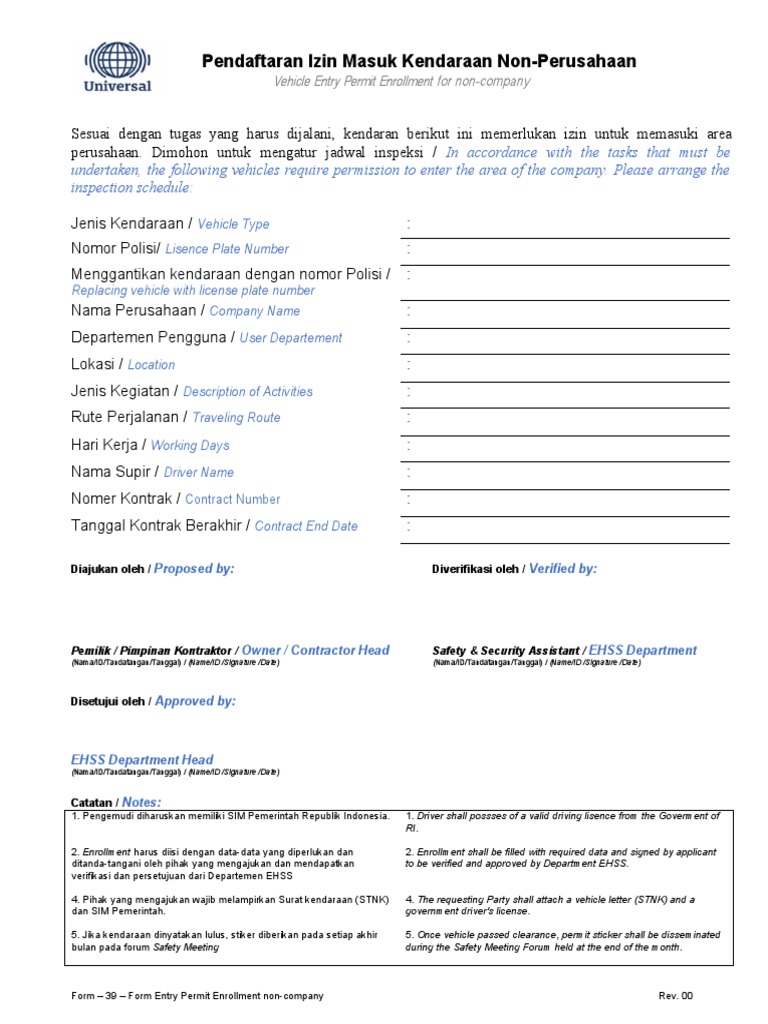 Form-039-Vehicle Entry Permit Enrollment For Non-Company | PDF
