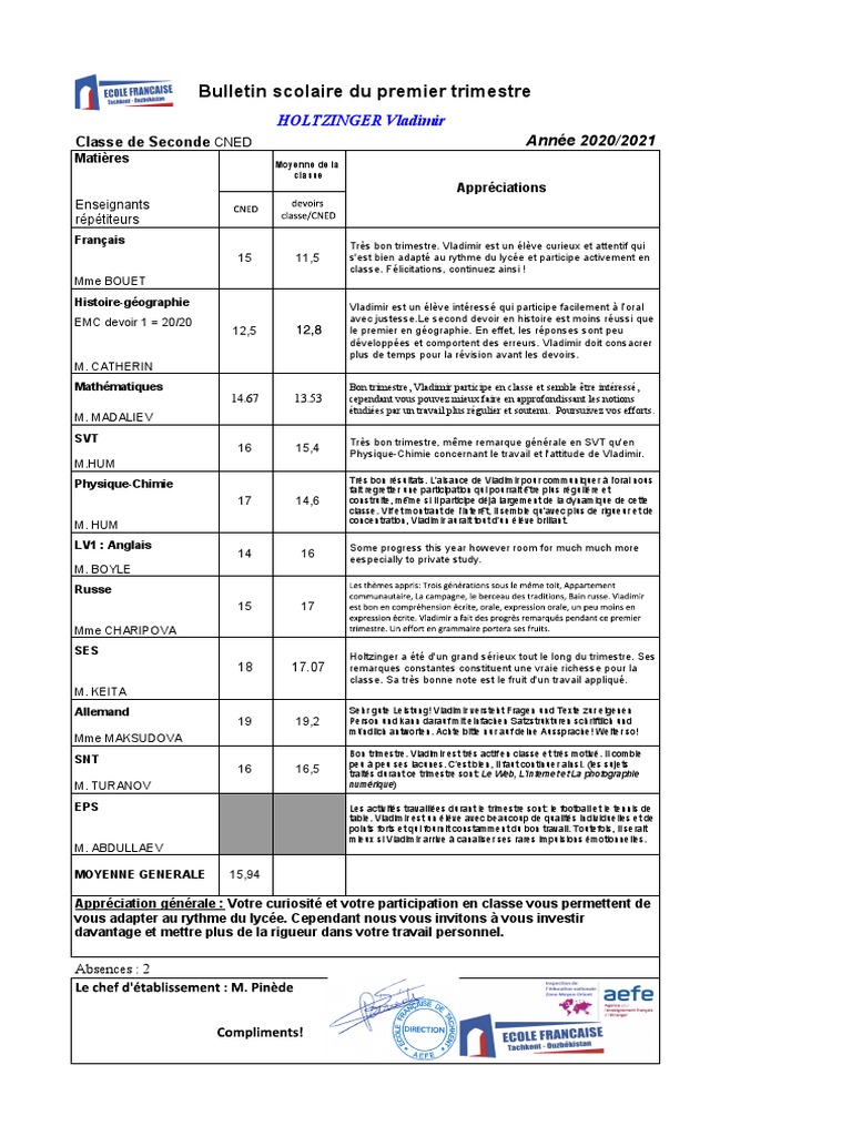 Eft Bulletin Seconde 2020-2021 1er Trimestre - XLSX - HOLTZINGER Vladimir | PDF