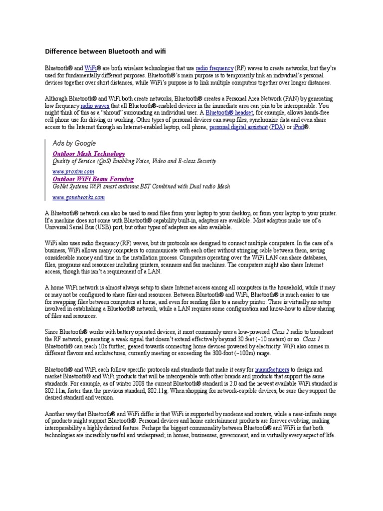 Difference Between Bluetooth and Wifi | PDF | Wi Fi | Bluetooth