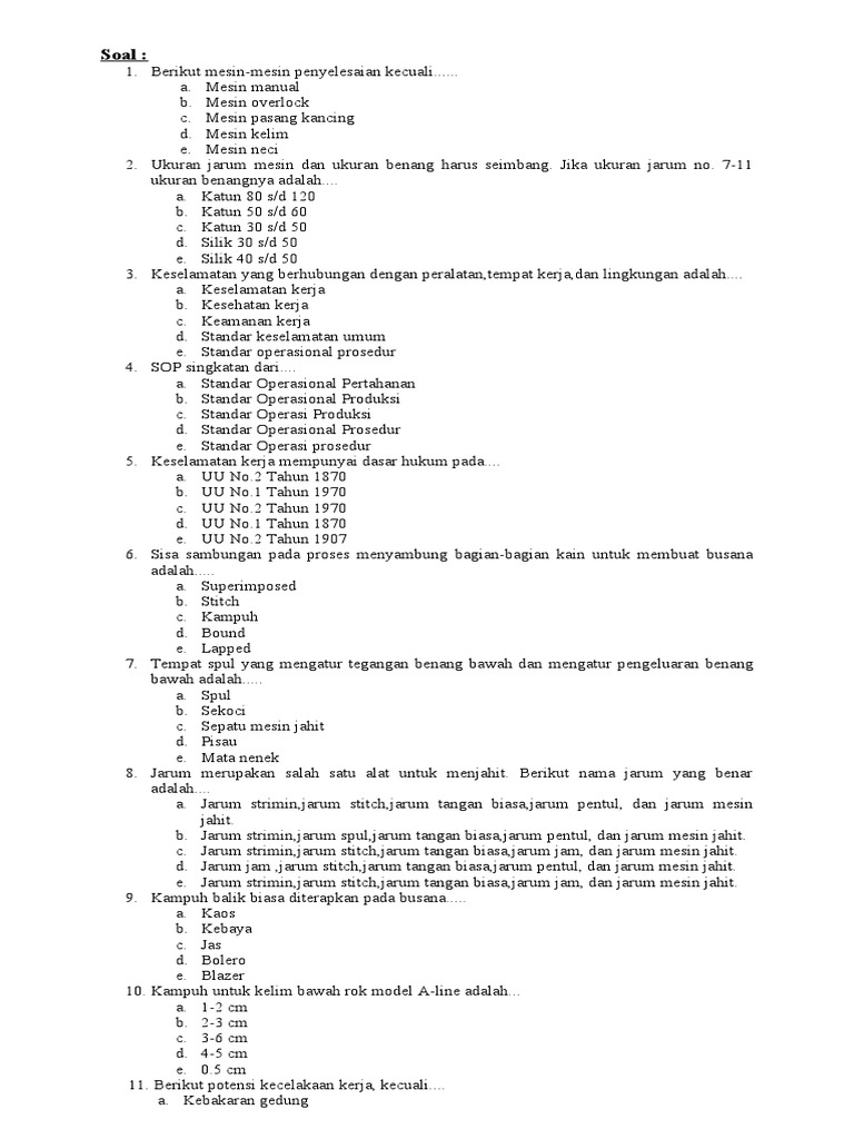 Soal Kelas XTB Teknologi Menjahit | PDF