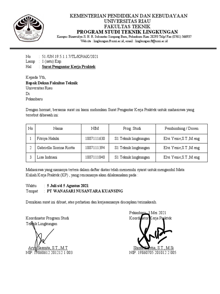 Surat KP 2021 PT WANASARI NUSANTARA KUANSING | PDF