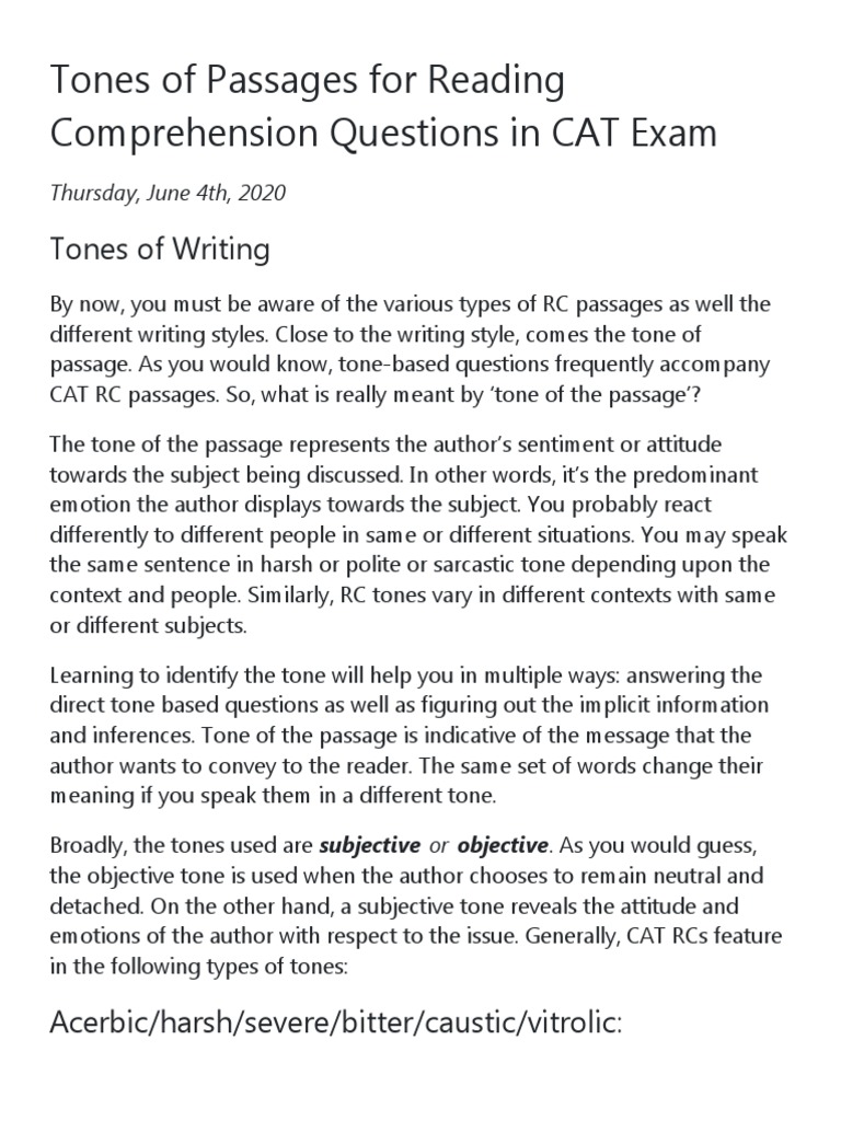 Tones of Passages For Reading Comprehension Questions in CAT Exam | PDF ...