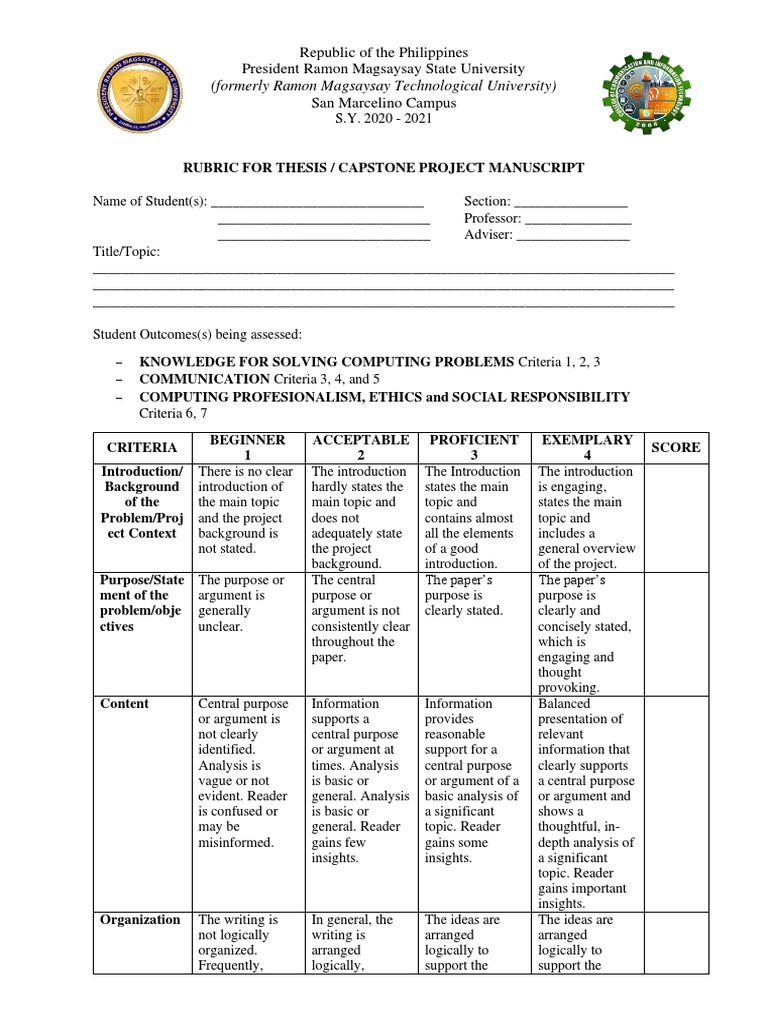 Rubric For Thesis Capstone Project Manuscript | PDF | Academic ...