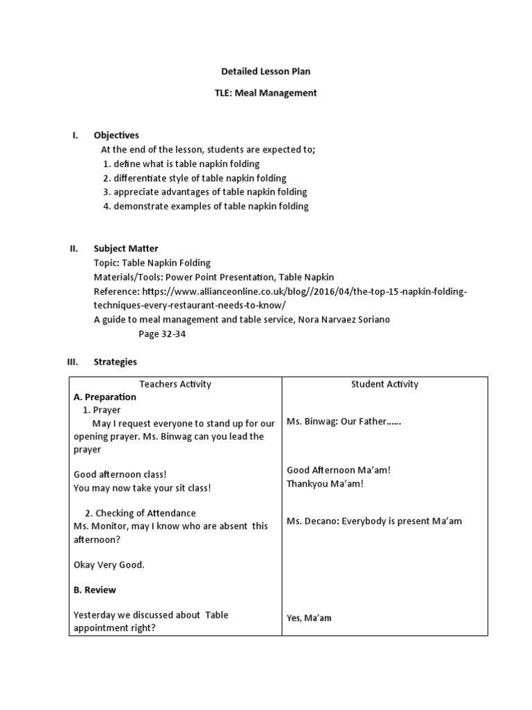 Detailed Lesson Plan TLE: Meal Management: Yes, Ma'am | PDF