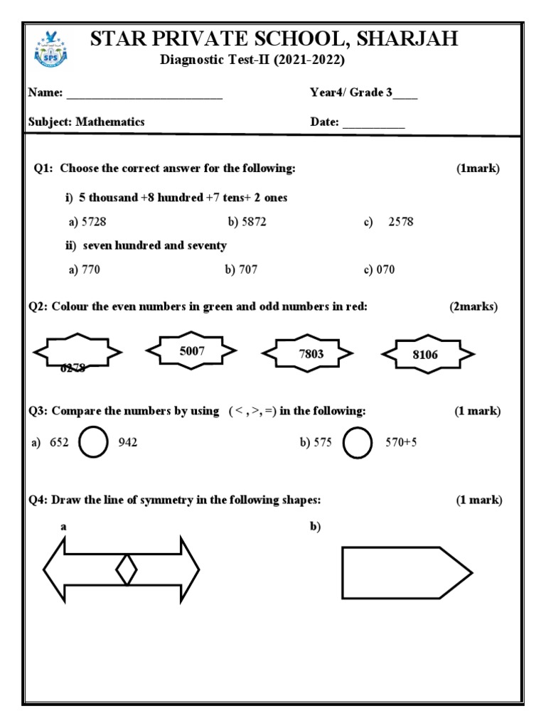 Grade 3 Diagnostic Test Math 2021-2022 | PDF | Mathematics