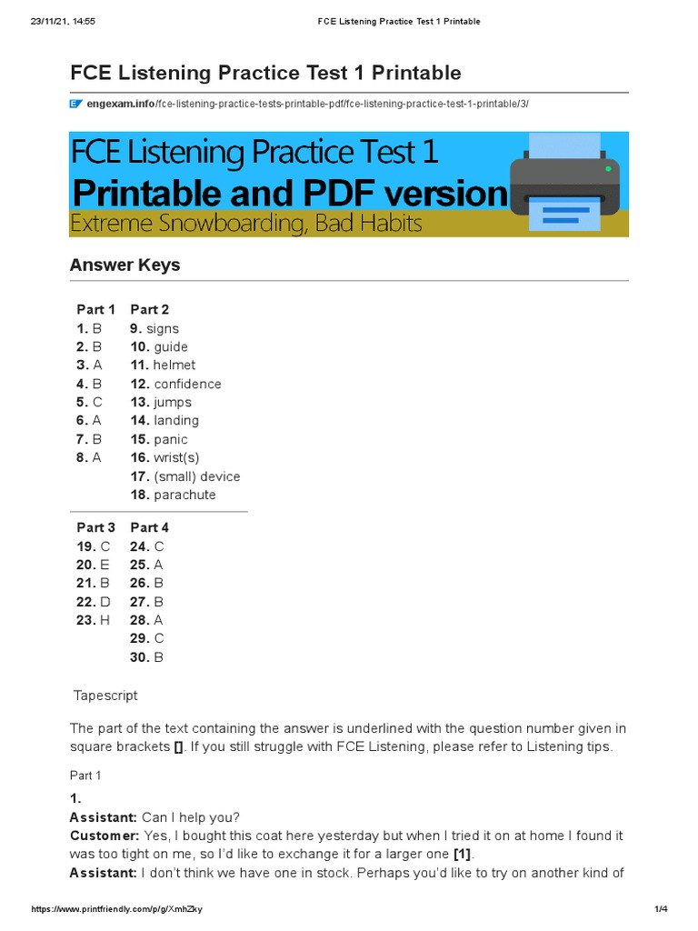 FCE Listening Practice Test 1 Key | PDF