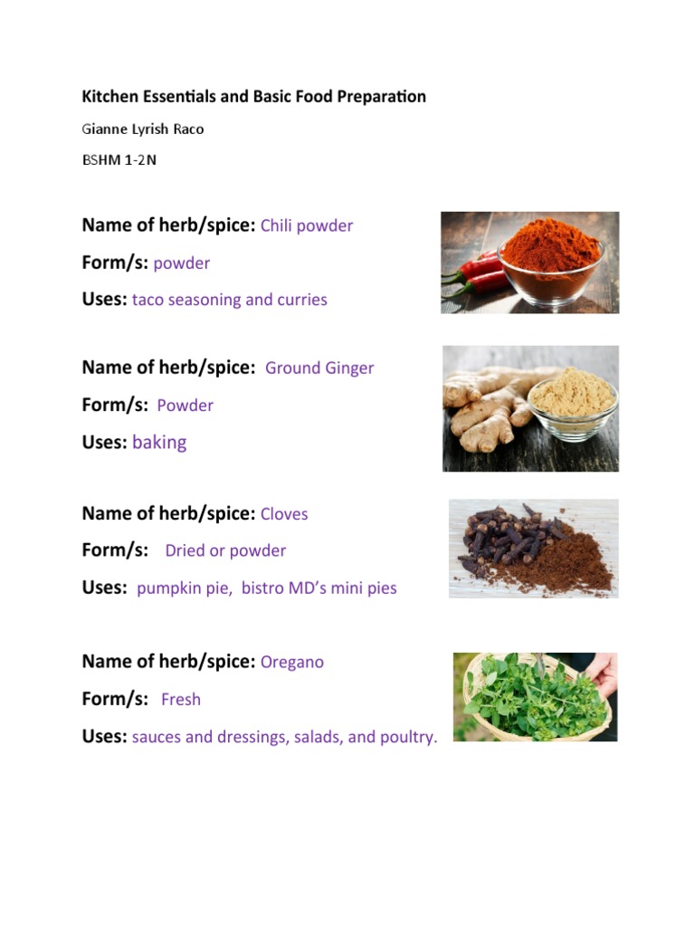 Name of Herb/spice: Form/s: Uses: Name of Herb/spice: Form/s: Uses ...