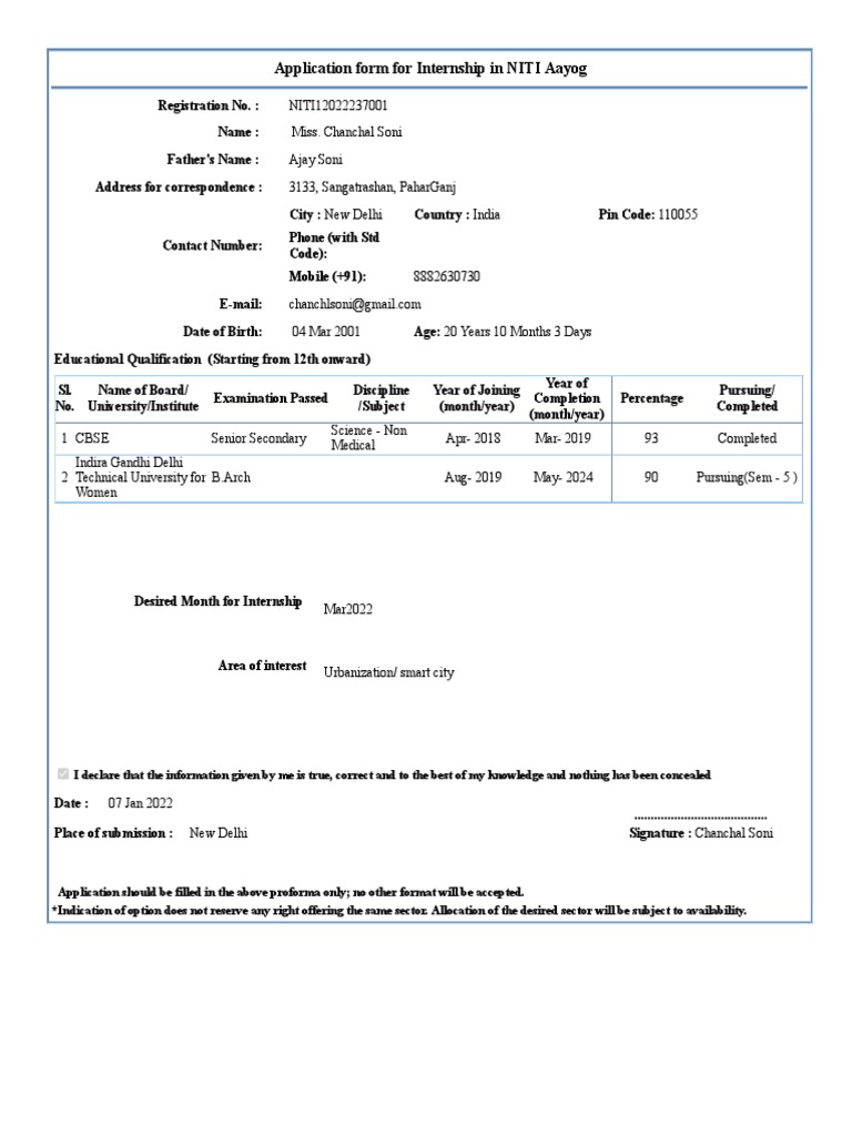 Application Form For Internship in NITI Aayog | PDF