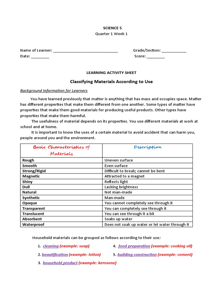 Classifying Materials According To Use: Science 5 | PDF | Materials