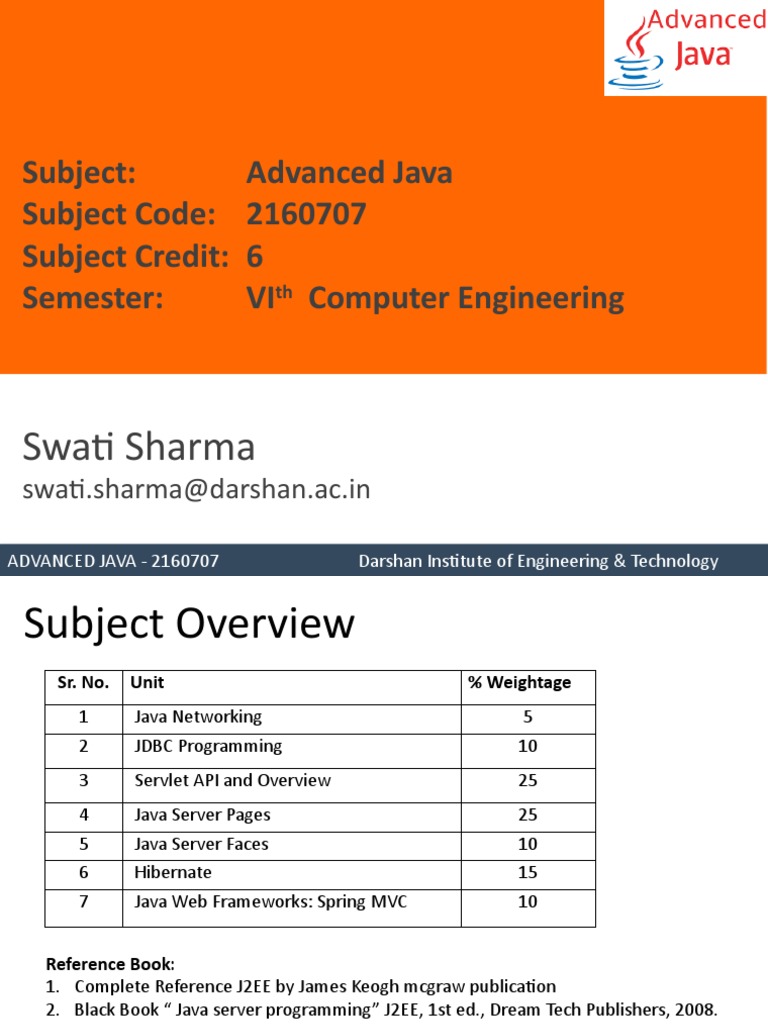 Subject: Advanced Java Subject Code: 2160707 Subject Credit: 6 Semester ...