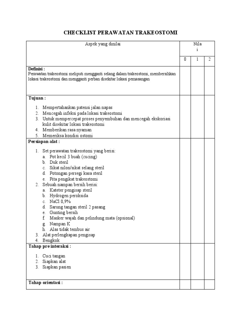 Checklist Perawatan Trakeostomi | PDF