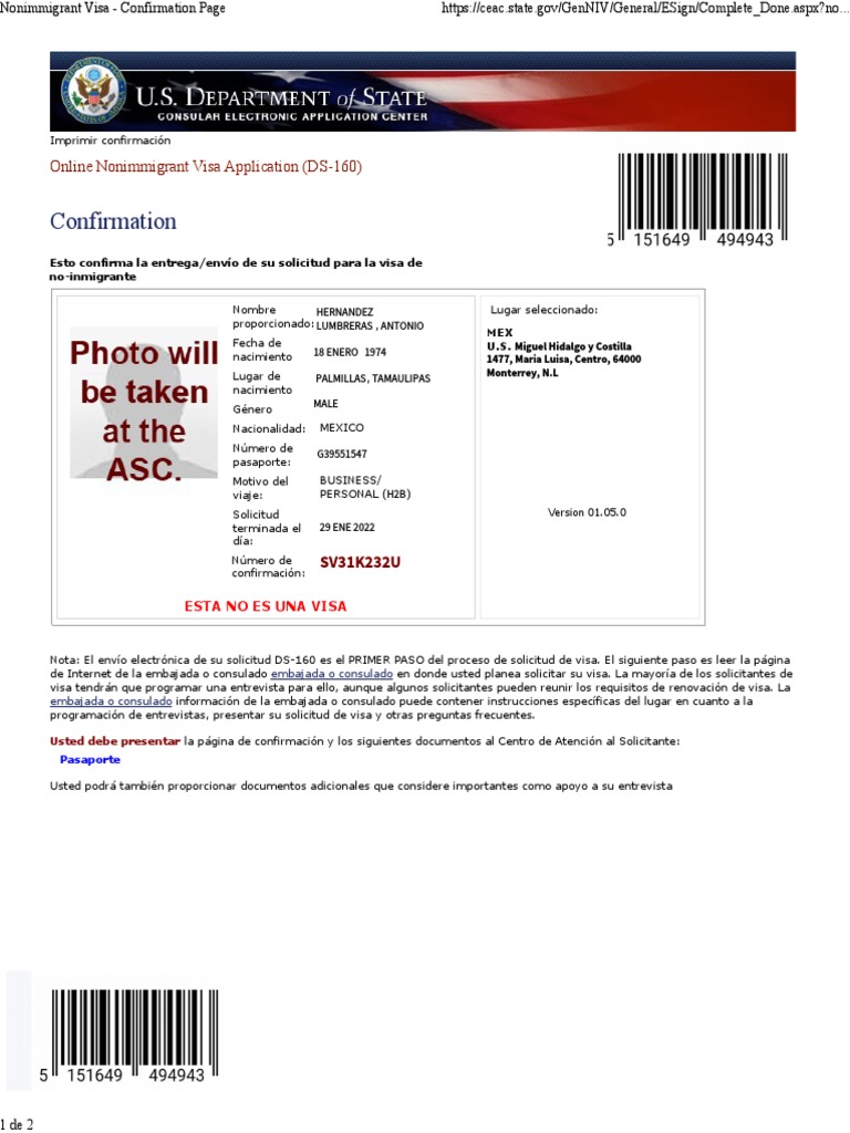 Hoja de Confirmacion Ds 160-2 (2) - 1 | PDF | Oficina Federal de ...