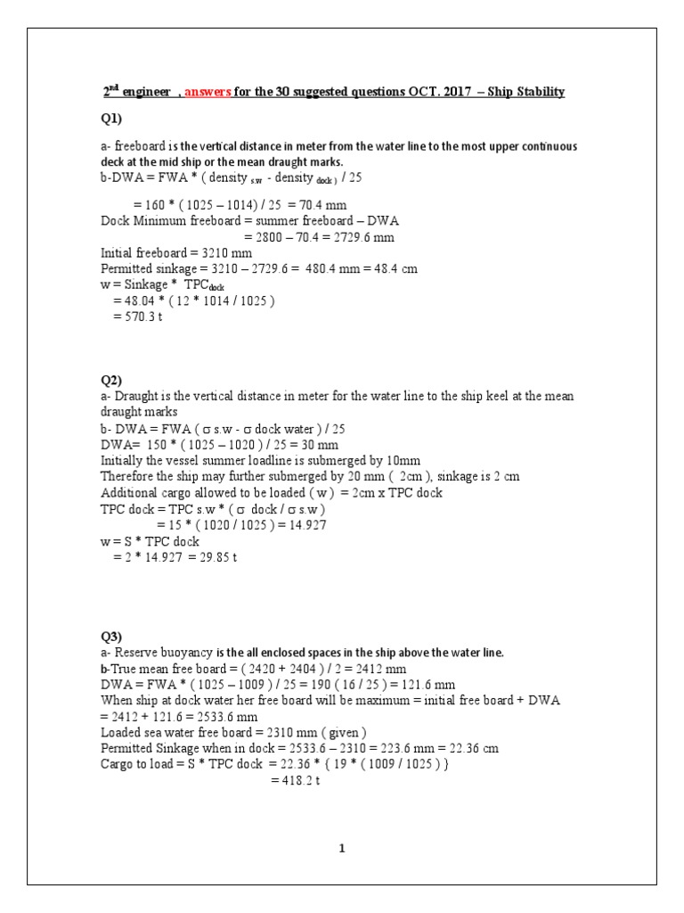 Ship Stability Q&A Guide 2017 | PDF | Buoyancy | Density