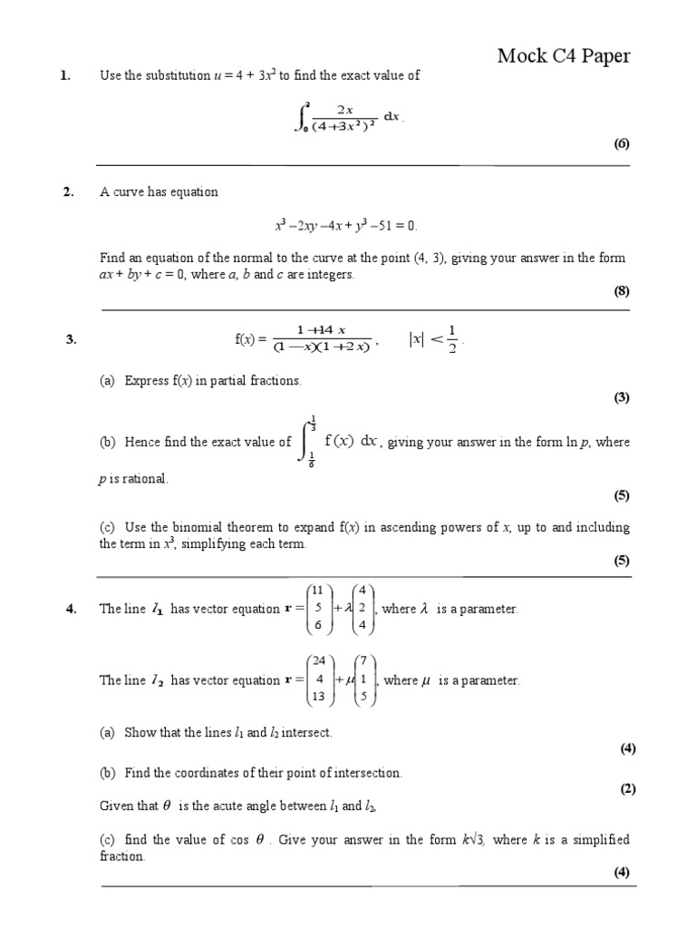 C4 Mock Paper - V1 | PDF | Sine | Equations