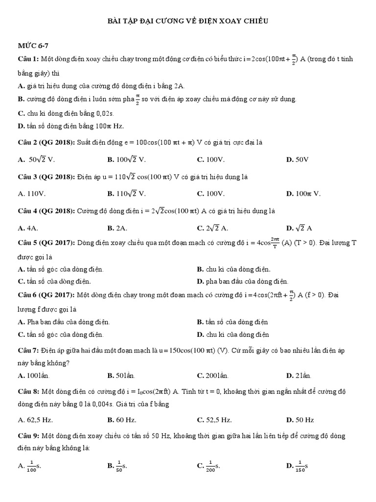 BÀI TẬP ĐẠI CƯƠNG VỀ ĐIỆN XOAY CHIỀU......... | PDF