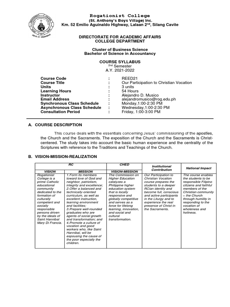Course Syllabus | PDF | Catholic Church | Eucharist