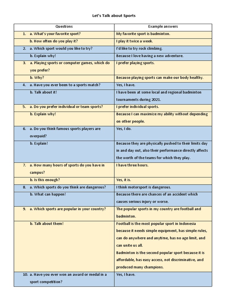LIST OF QUESTIONS and Example Answers | PDF | Sports | Recreation