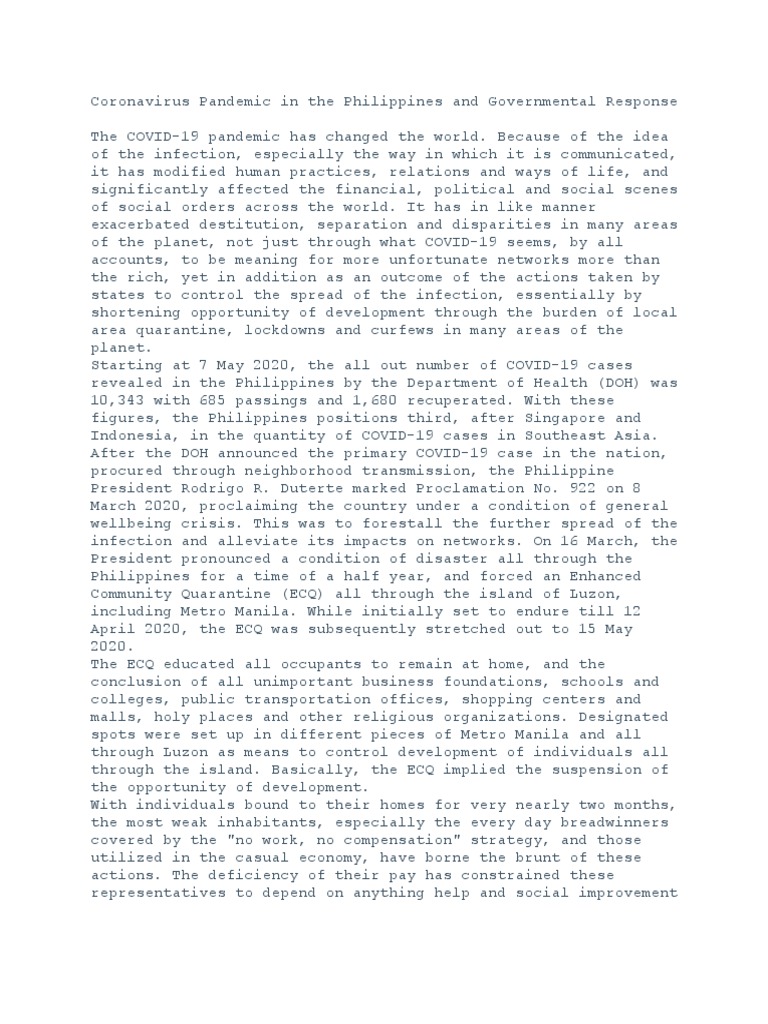 Coronavirus Pandemic in The Philippines and Governmental Response | PDF ...