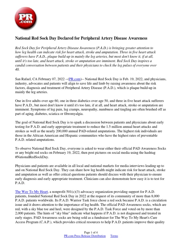 National Red Sock Day Declared For Peripheral Artery Disease Awareness ...