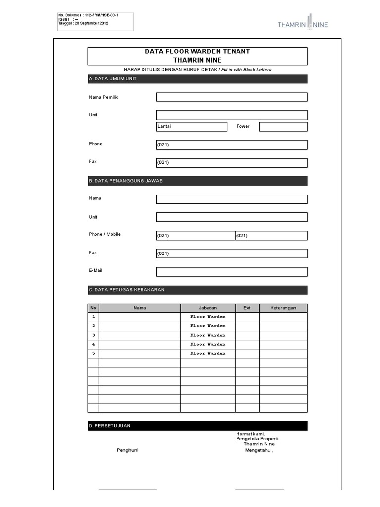 FRM-HSE-00-1 & 2-Form Data Floor Warden & Data Penghuni | PDF
